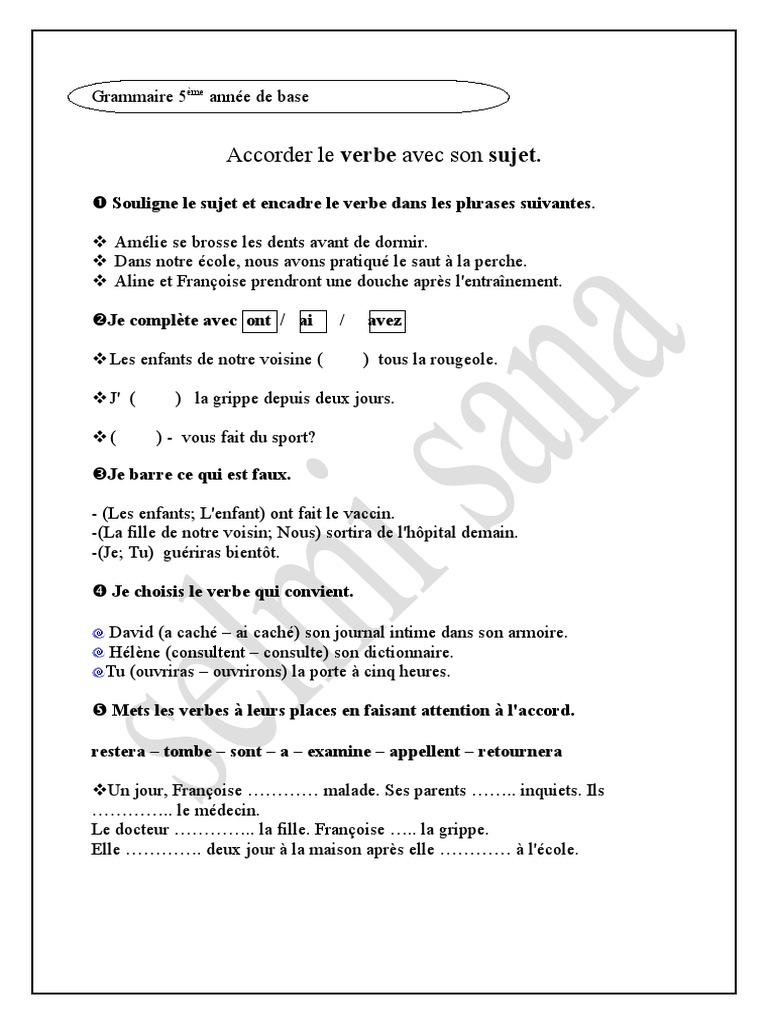 Grammaire 5ème Année de Base Accorder Le Verbe Avec Sujet | PDF | Verbe ...