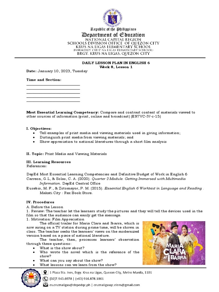 Daily Lesson Plan Compares Print and Visual Media | PDF | Television ...