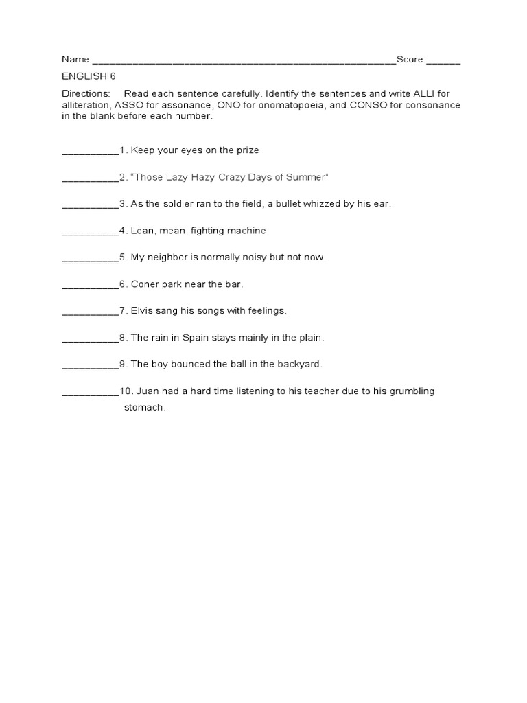 Gr6 Alliteration, Assonance, Onomatopoeia, Consonance Worksheet | PDF