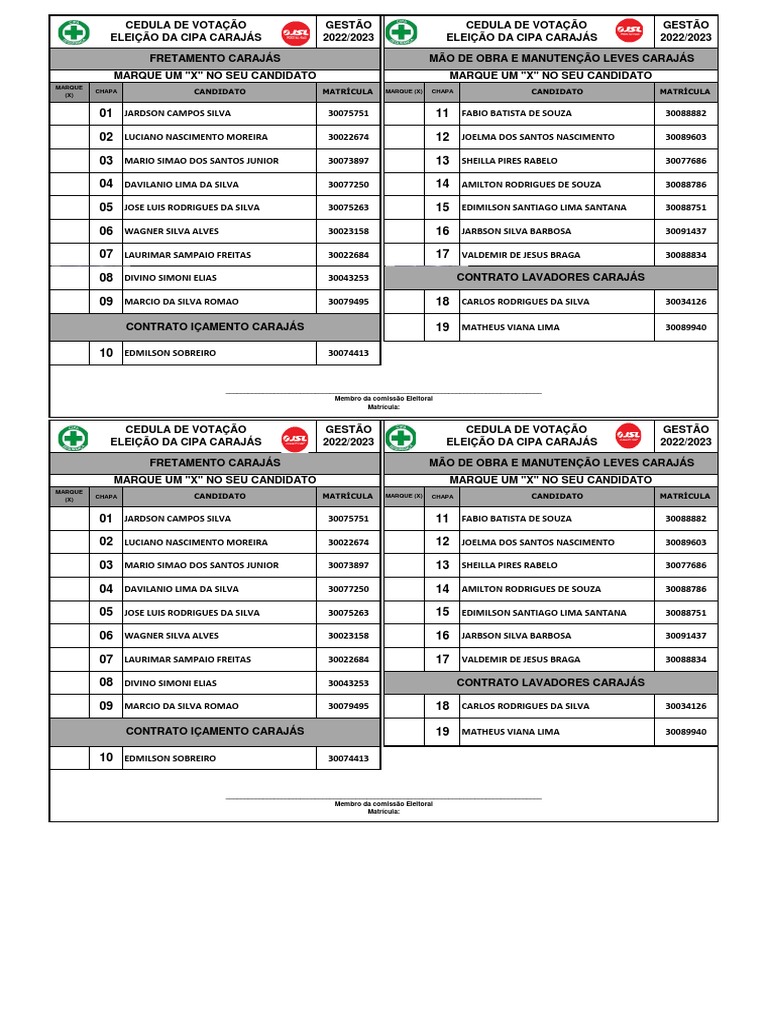 Cédula Eleição CIPA 2022 - 2023 | PDF