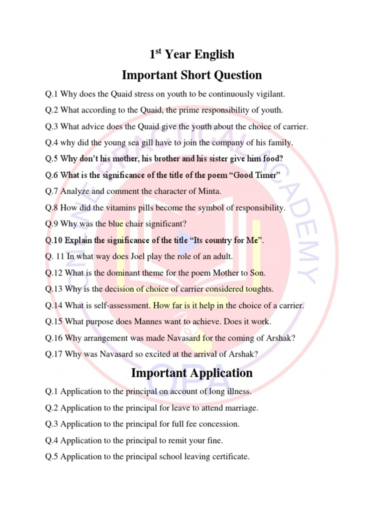 1st Year English Important Questions | PDF