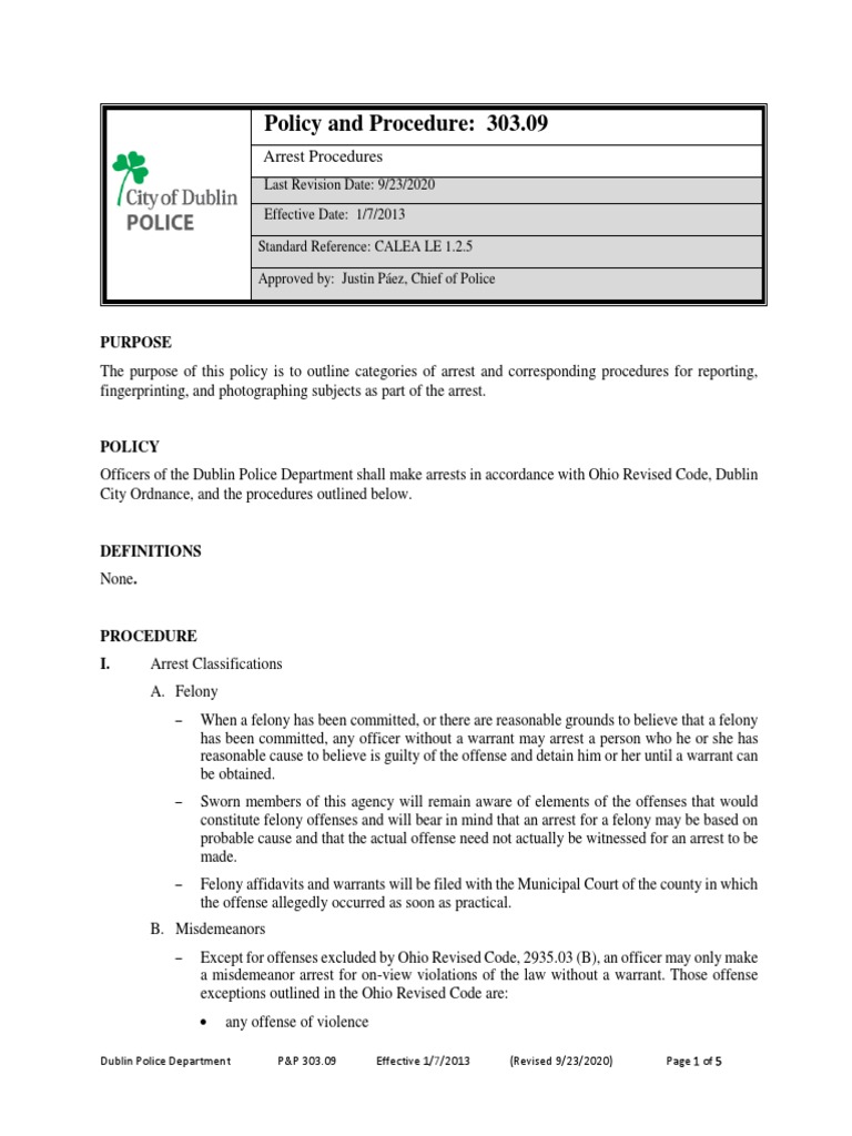 Dublin Police 303.09 (Arrest Procedures) | PDF | Arrest | Arrest Warrant