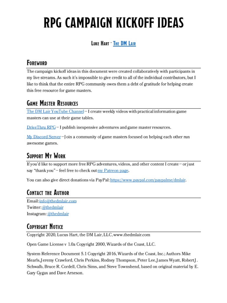 RPG Campaign Kickoff Ideas | PDF | Young Adult | General Fiction