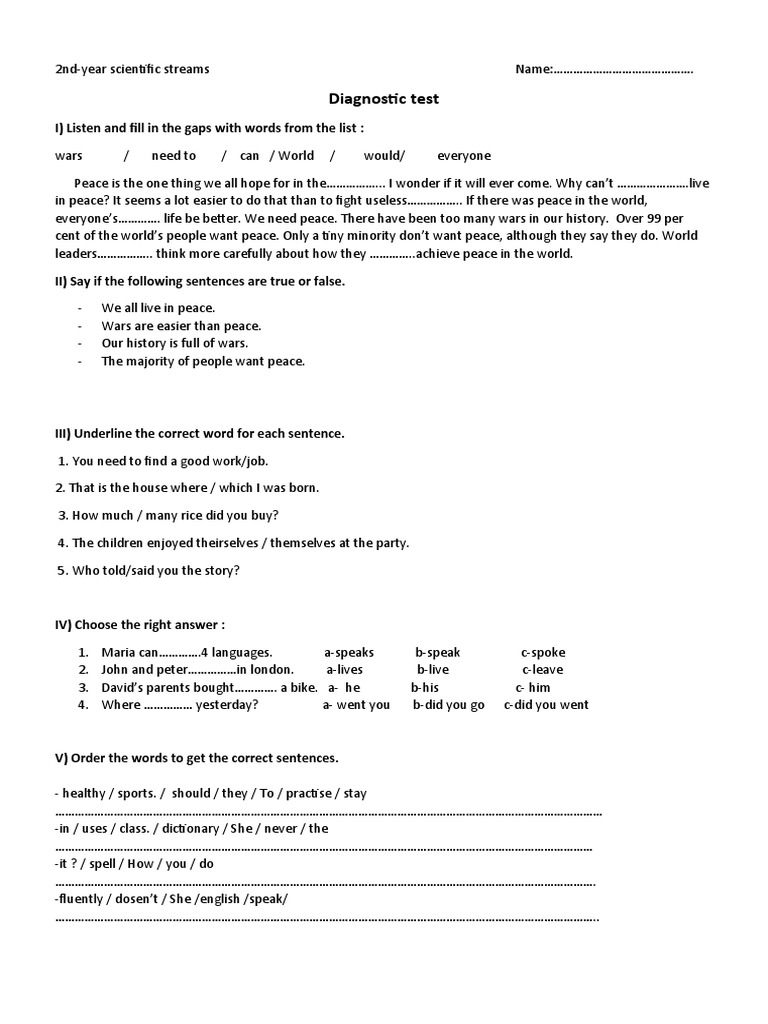 2nd-Year Diagnostic Test on Peace and Language | PDF | Games & Activities