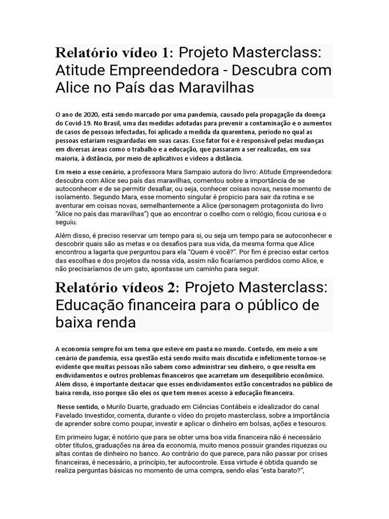 Relatório Masterclass | PDF | Dinheiro | Investimentos
