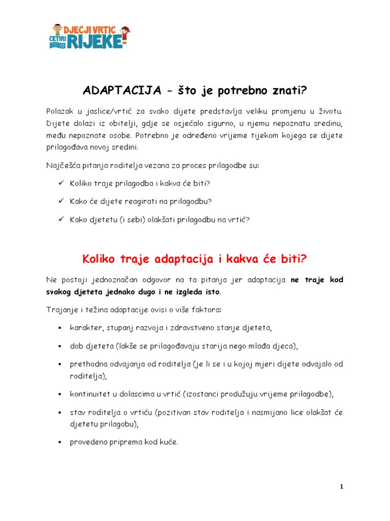 Sve Sto Treba Znati Prije Kretanja U Vrtic - Adaptacija | PDF