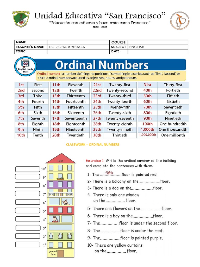 Ordinal Numbers Classwork | PDF