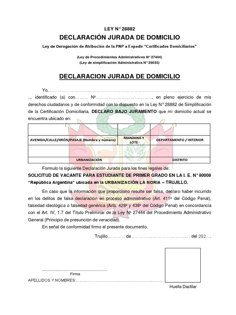 Formato A - Declaracion Jurada de Domicilio | PDF