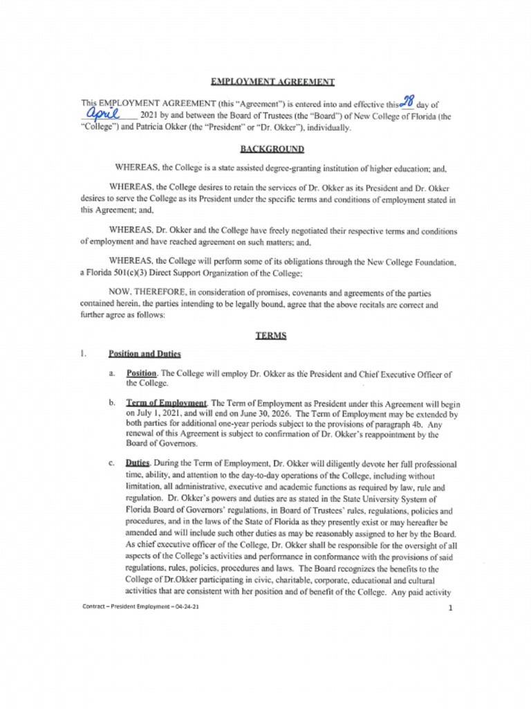 Contract - New College President Employment - Fully Executed 04-28-21 | PDF