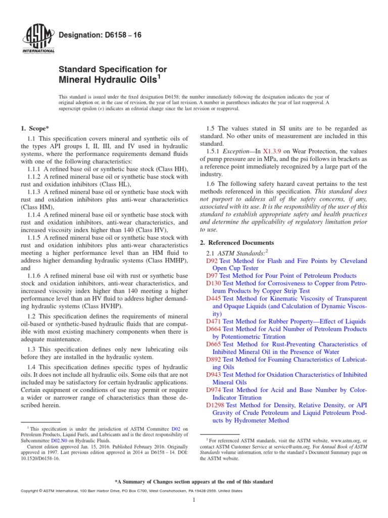 ASTM D6158-16 Standard Specification For Mineral Hydraulic Oils | PDF ...