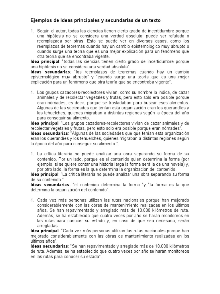 Identificación de ideas principales y secundarias en varios párrafos ...