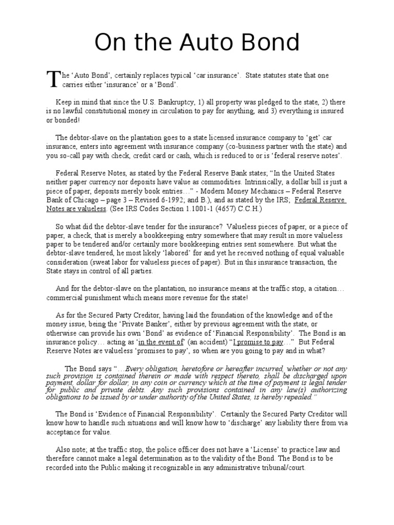 Auto Bond Information Sheet | PDF | Legal Tender | Federal Reserve