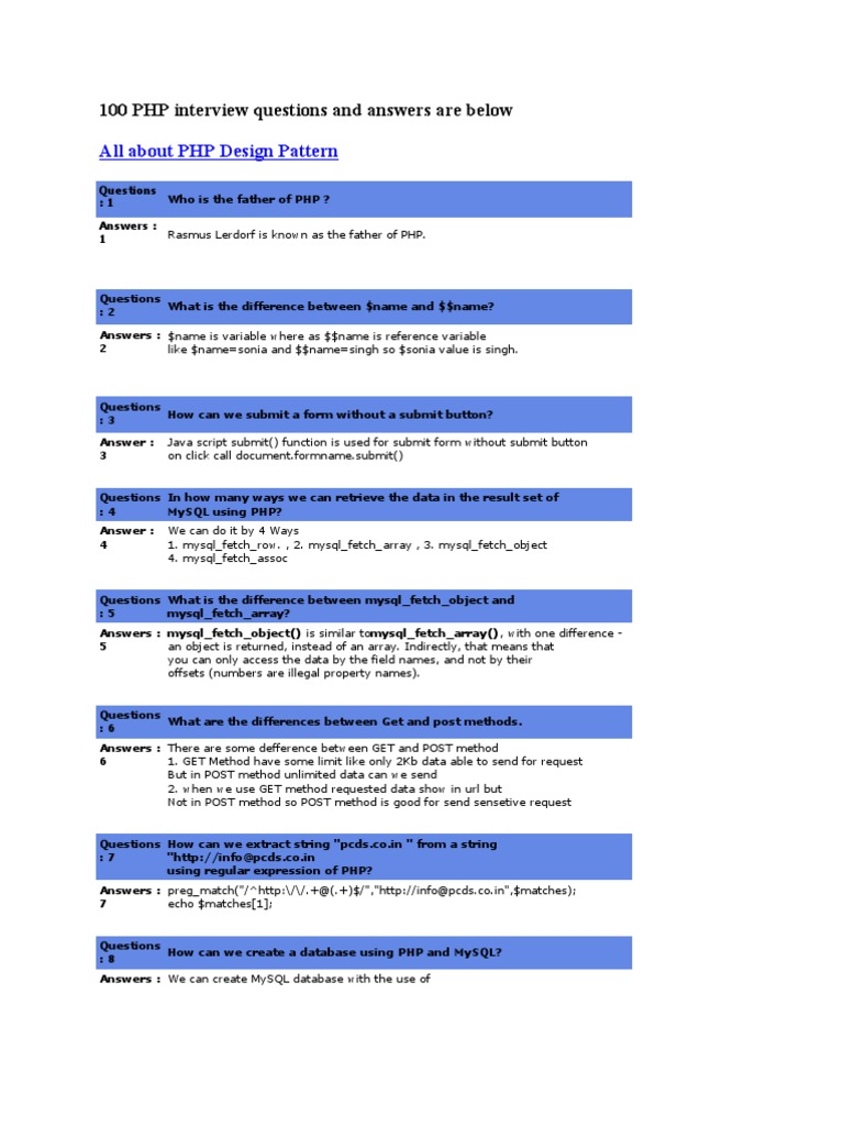 100 PHP Interview Questions and Answers Are Below | PDF | Class (Computer Programming) | Php