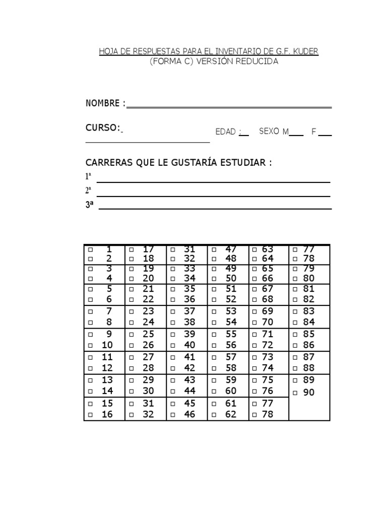 Test KUDER Versión Reducida (Hoja de Respuestas) PDF | PDF