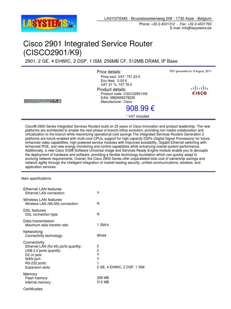 Cisco 2901 Integrated Service Router (CISCO2901/K9) : 2901, 2 GE, 4 ...