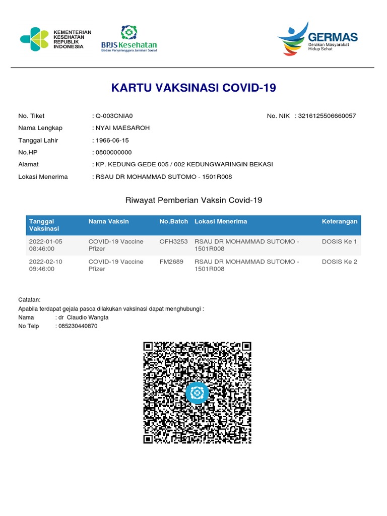 Kartu Vaksinasi COVID-19 Nyai Maesaroh | PDF