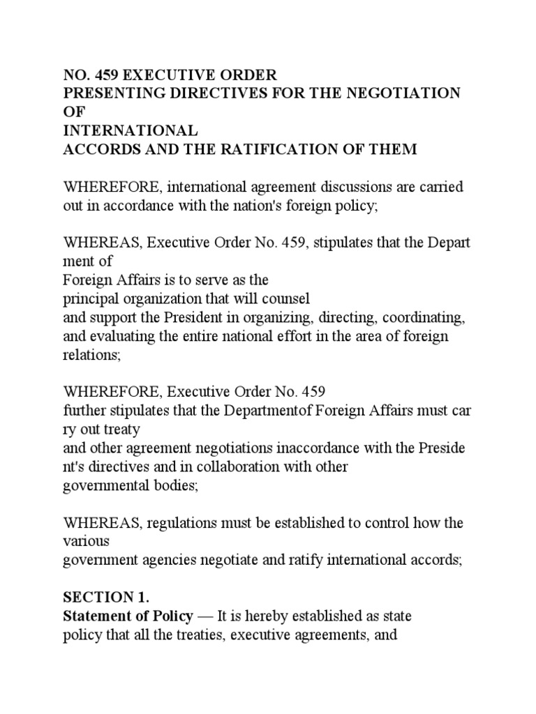 No. 459 Executive Order Presenting Directives For The Negotiation OF ...