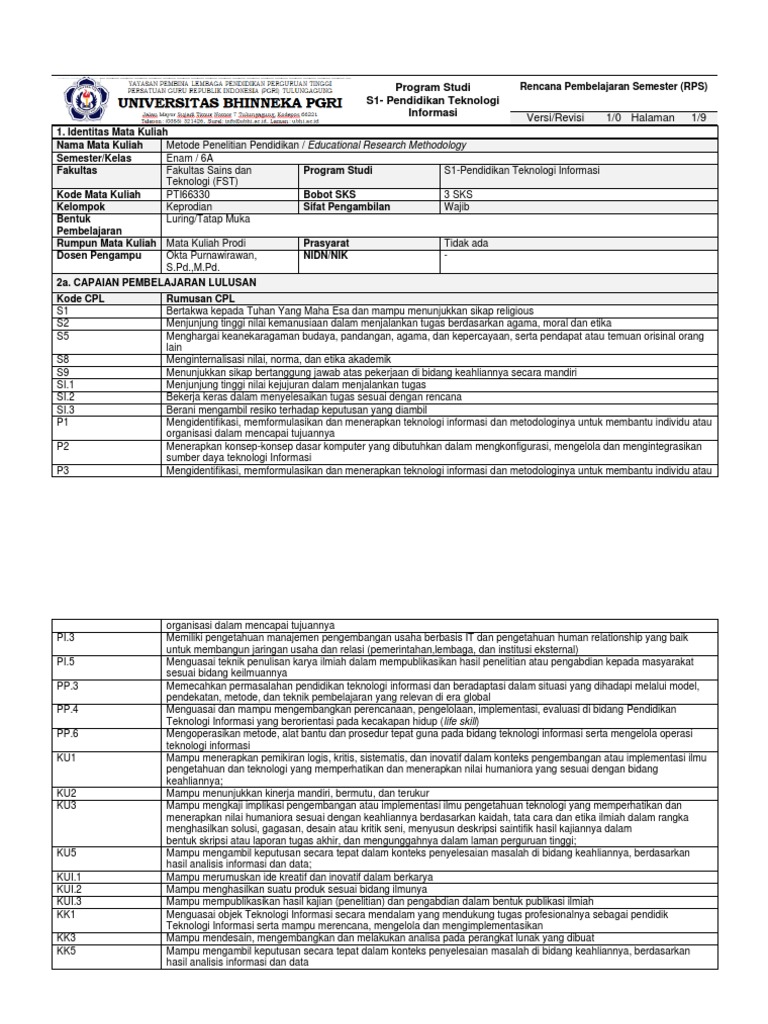RPS - Metode Penelitian Pendidikan - PTI Semester 6 | PDF | Karier & Perkembangan | Seni