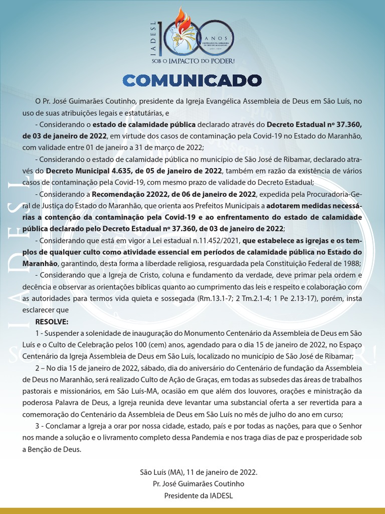 Comunicado IADESL | PDF | Igreja cristã | Estado