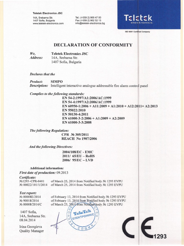 SIMPO Teletek Conformity Declaration | PDF | Regulation | European ...