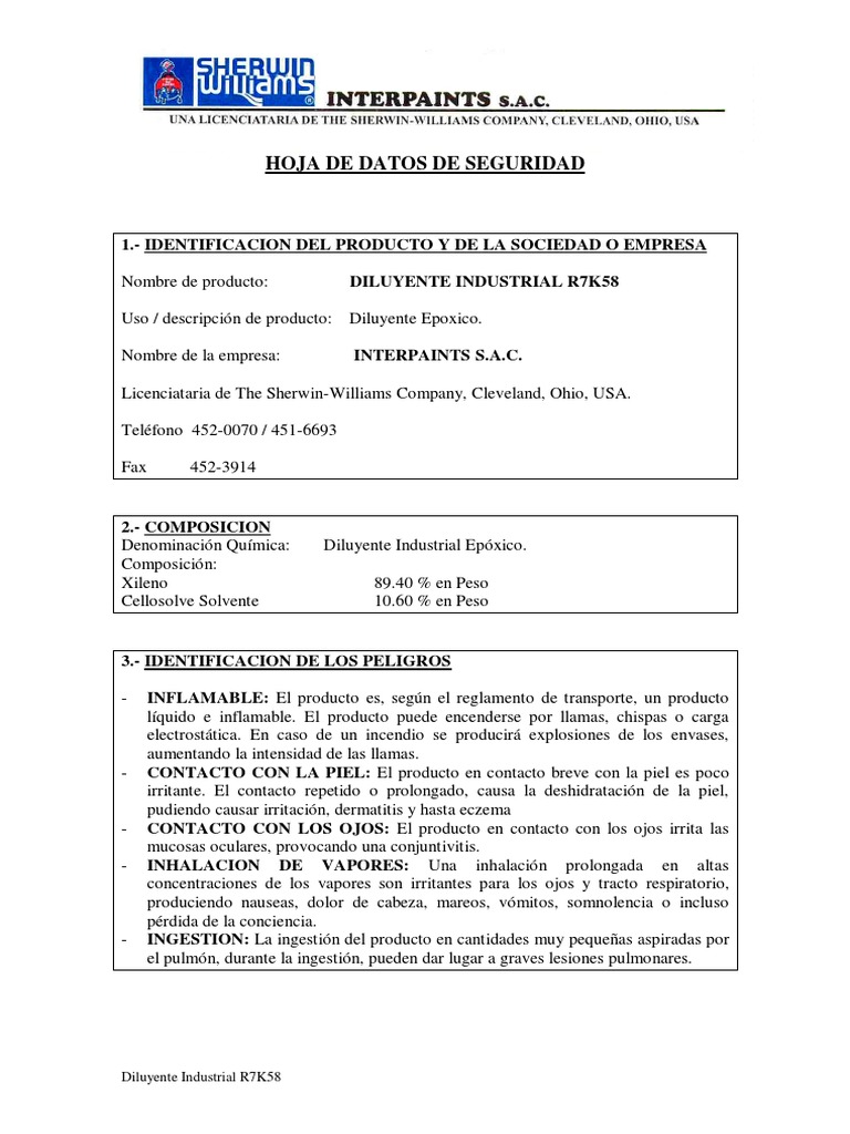 Hoja de datos de seguridad para diluyente industrial R7K58 | PDF
