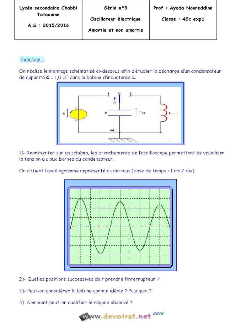 Série Corrigée D'exercices N°3 - Physique - Oscillateur Electrique ...