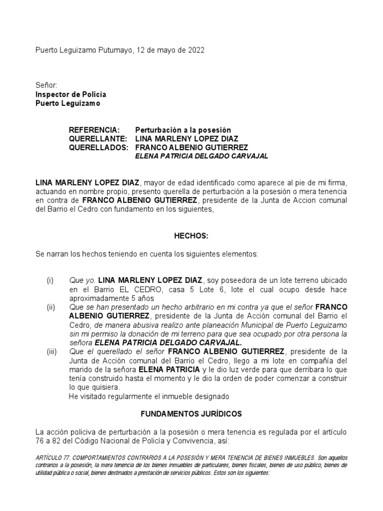 Modelo Querella Perturbación Posesión 0 | PDF | Justicia | Crimen y violencia