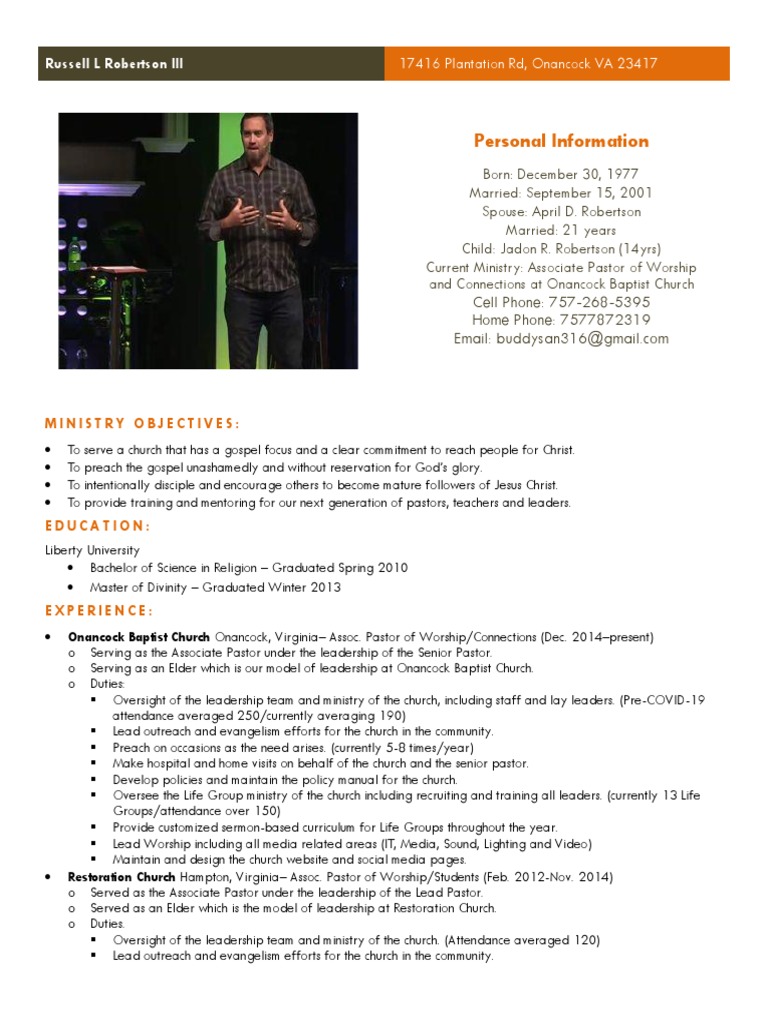 Associate Pastor Resume: Russell Robertson | PDF | Pastor | Elder ...