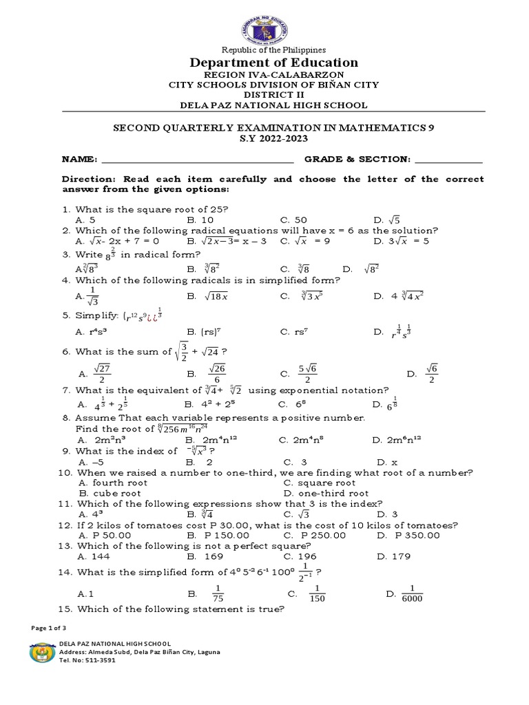 Grade 9 Math 2nd Quarter Exam 2023 | PDF | Area | Mathematical Analysis