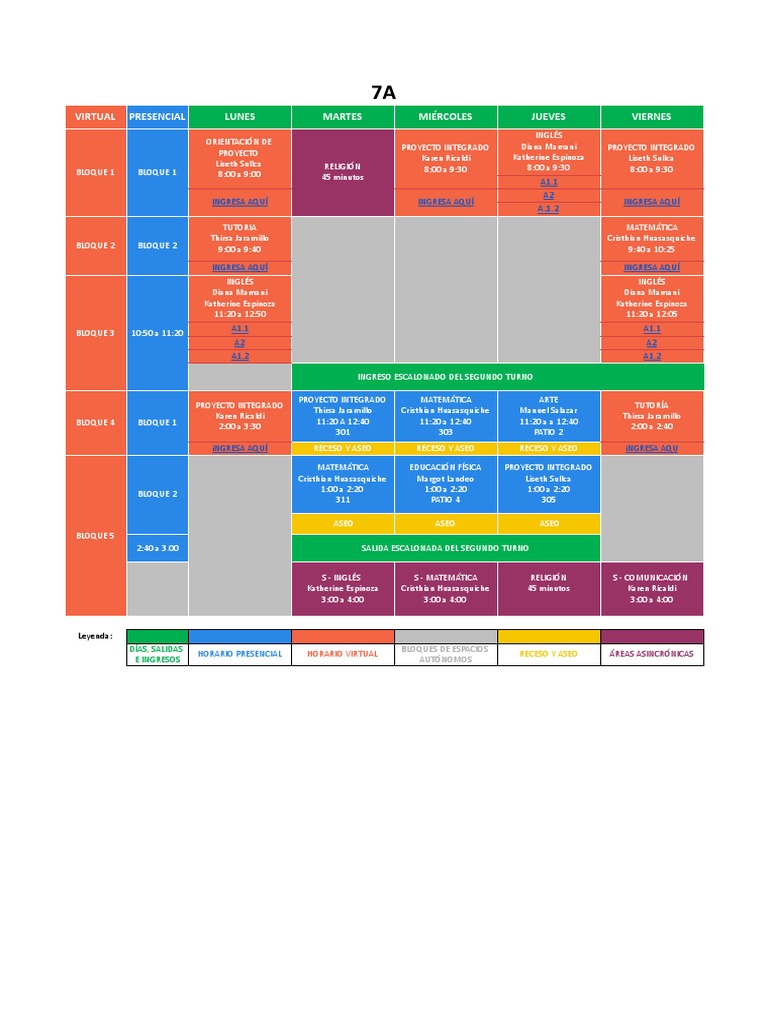 HORARIO 7mo A - 2022 Miss Thirsa - 7ABC - 1 - 151259458 | PDF