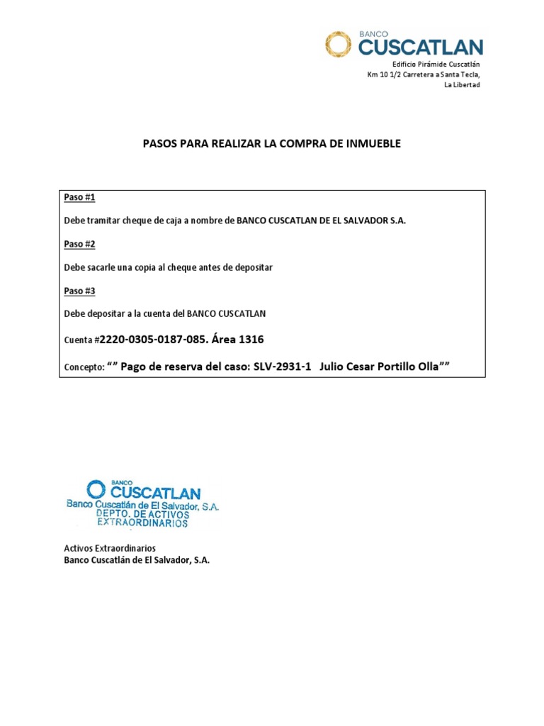 Reserva de Cheque en Banco Cuscatlán | PDF