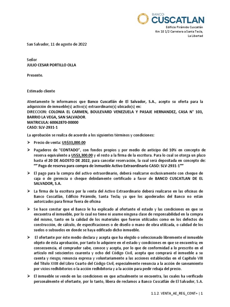 1.1.2 Carta de ACEPTACION - REG - CONTADO+$10K V3.0 | PDF