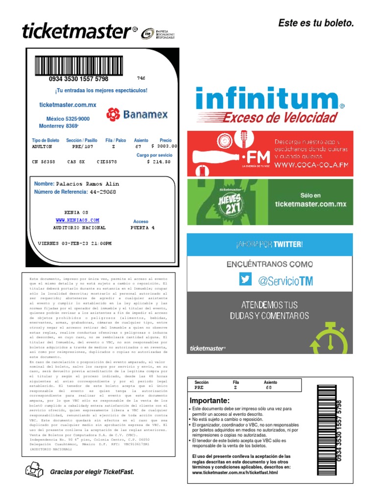 Boleto Ticketmaster Editable para Evento | PDF