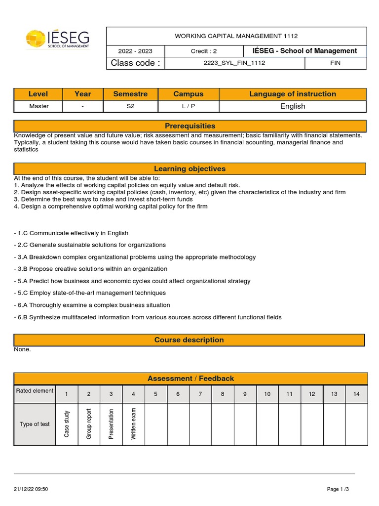 Ieseg Fiche Cours en | PDF | Test (Assessment) | Risk