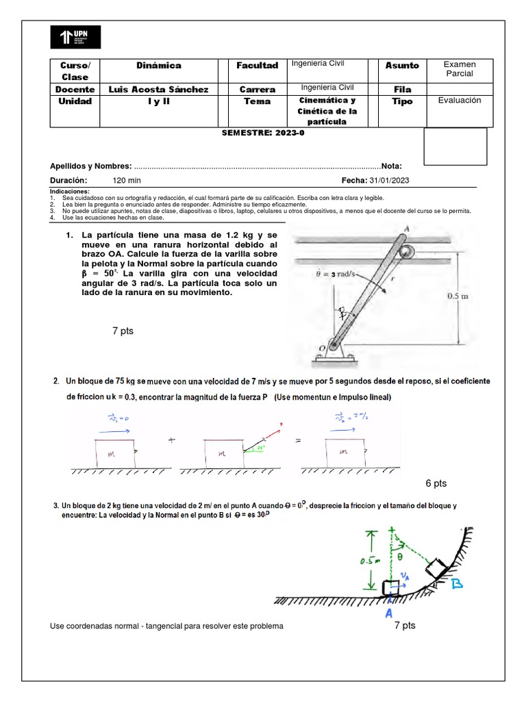 Evaluacion Parcial - 2023-0 Dinamica | PDF