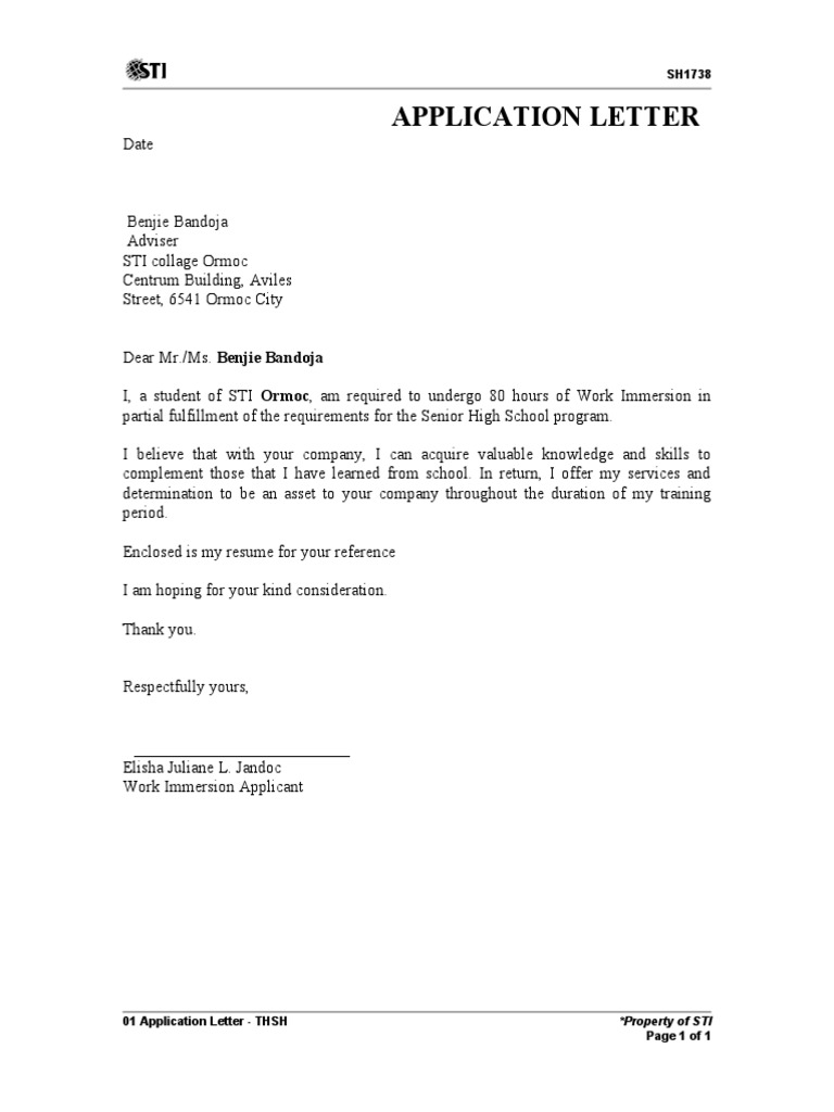 01 Application Letter - THSH | PDF | Career & Growth | Business