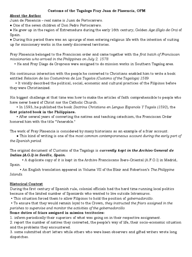 Customs of The Tagalogs Fray Juan de Plasencia | PDF