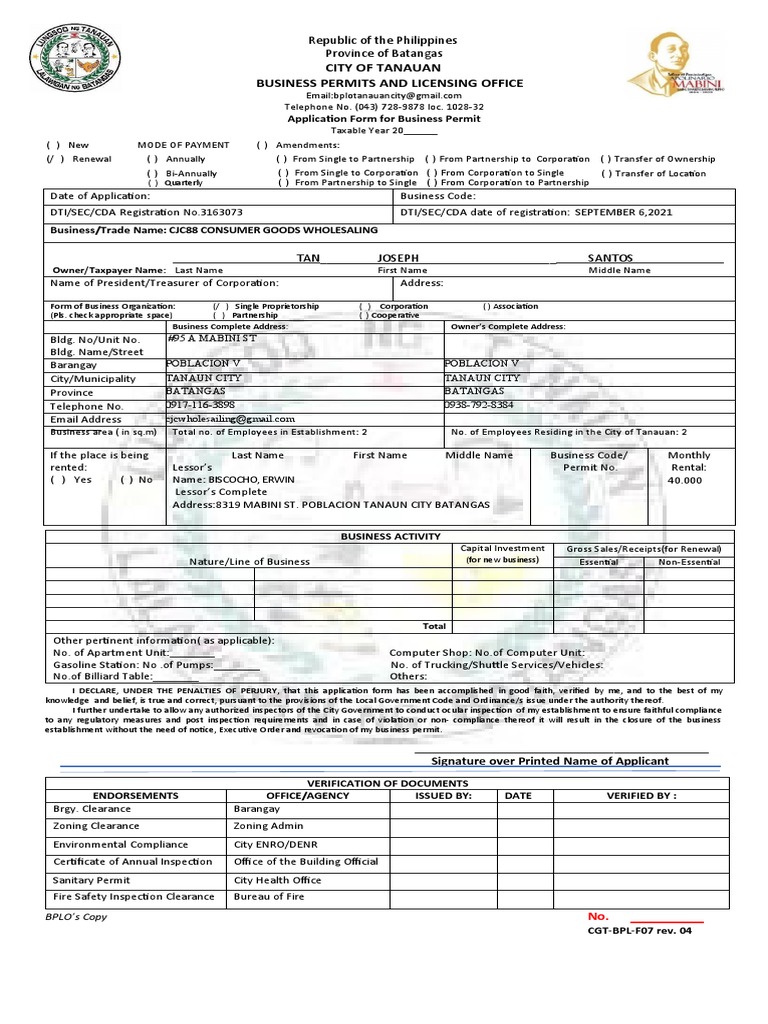 Application Form For Business Permit | Download Free PDF | Verification ...