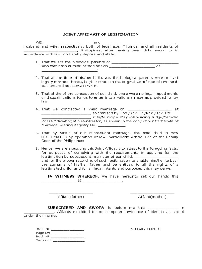 Joint Affidavit of Legitimation | PDF | Affidavit | Marriage