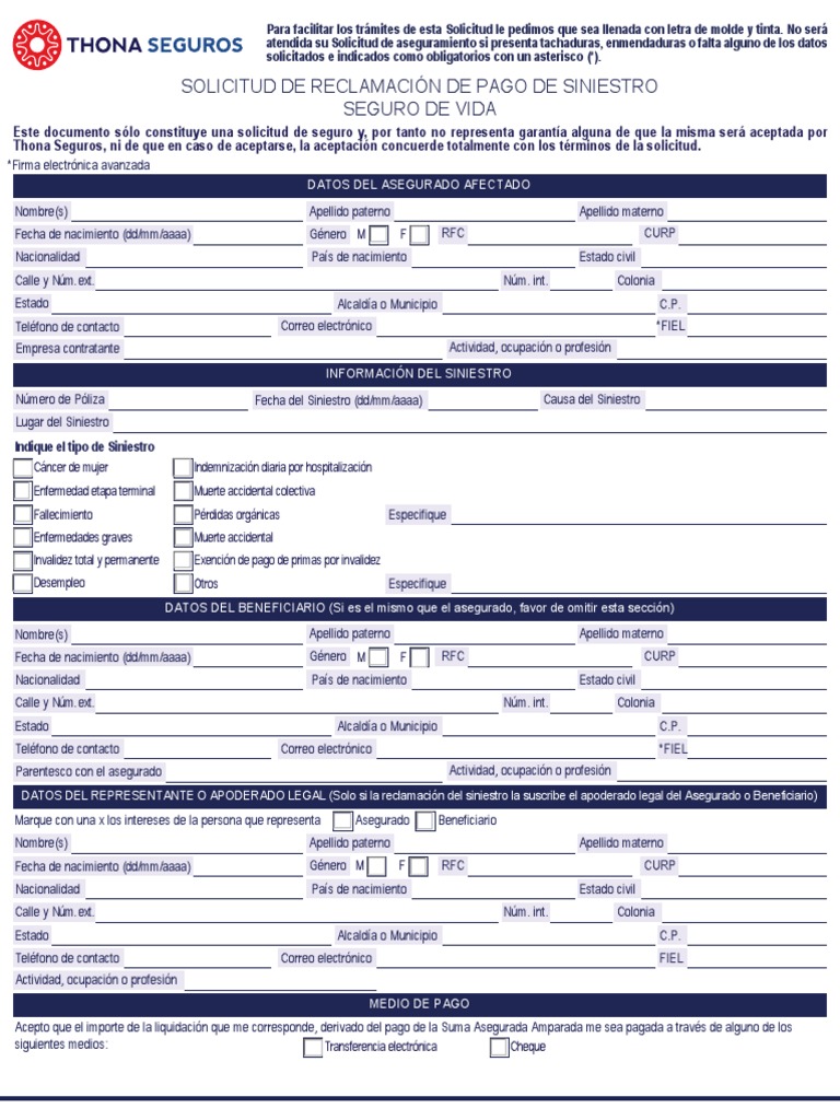 Solicitud de reclamación de pago de siniestro por fallecimiento amparado por un seguro de vida ...