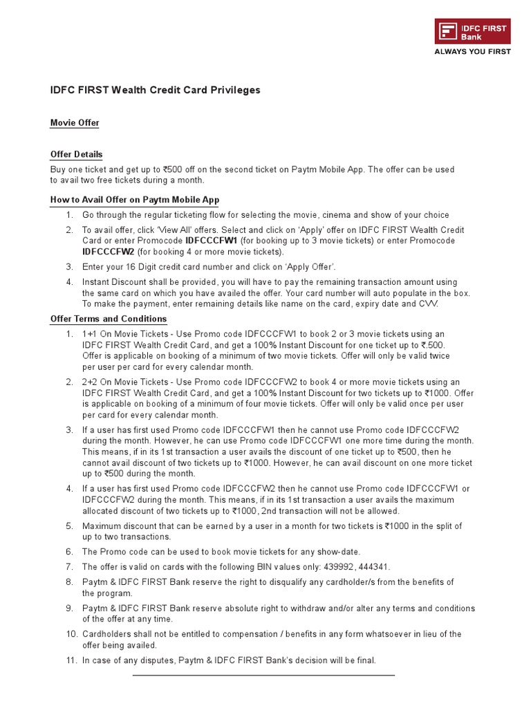 IDFC FIRST Wealth Credit Card Movie and Airport Lounge Offers | PDF ...