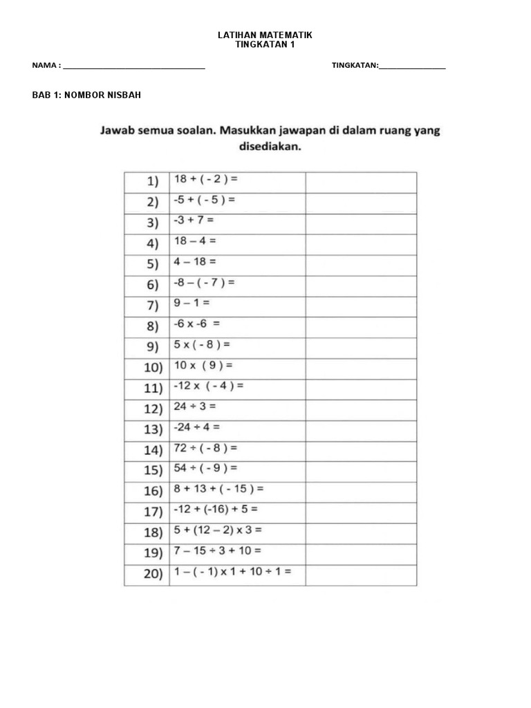 Latihan Matematik Tingkatan 1 NAMA: - TINGKATAN: - Bab 1: Nombor Nisbah ...