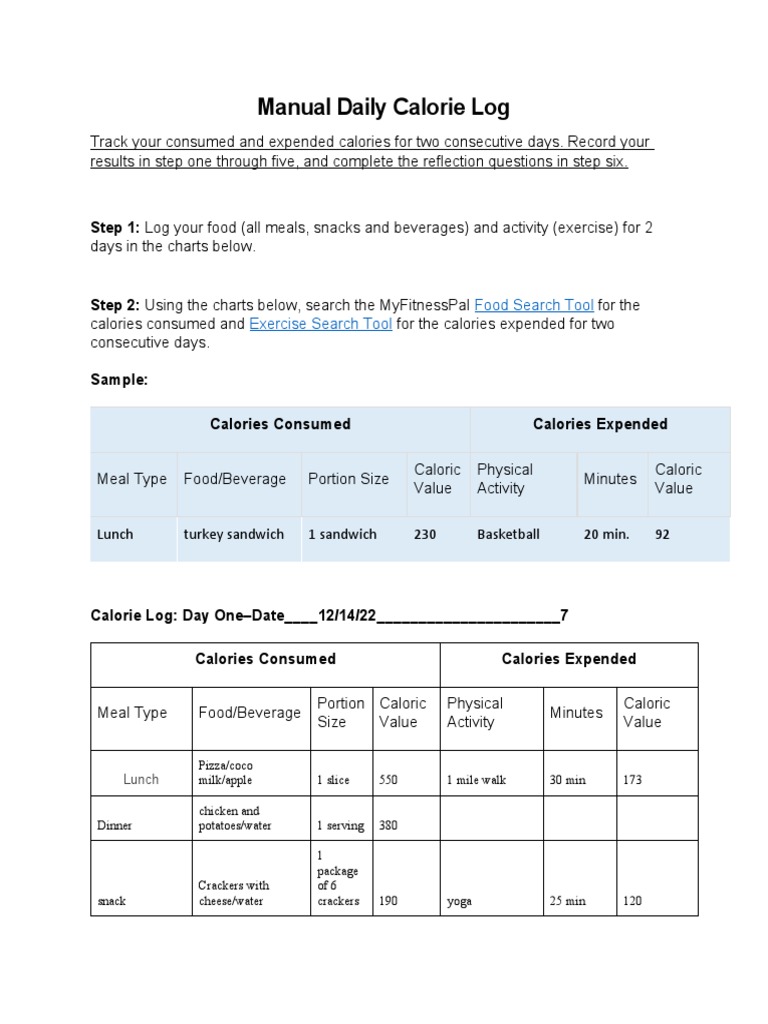 Manual Daily Calorie Log | PDF | Dieting | Food Energy