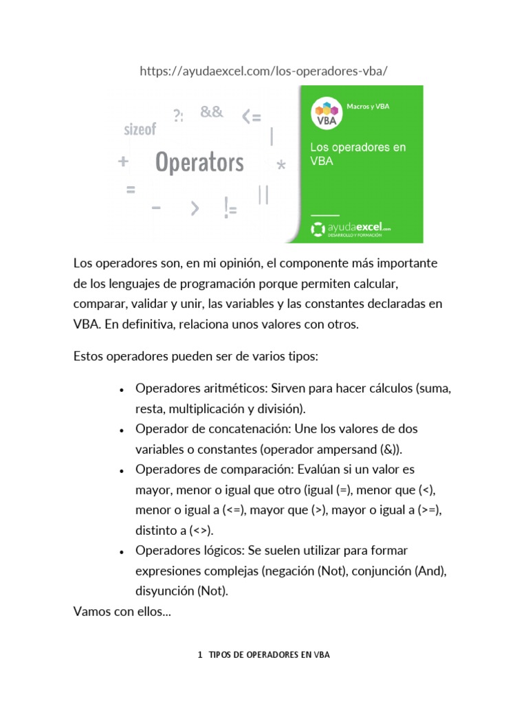 TIPOS DE OPERADORES EN VBA Excel | PDF | Multiplicación | Exponenciación