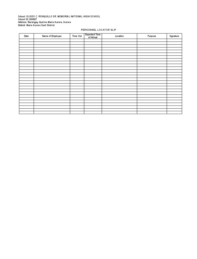 Personnel Locator Slip for ELISEO C. RONQUILLO SR. HS | PDF