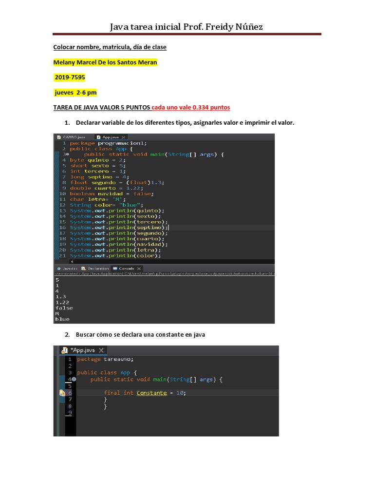 Tareas Iniciales de Java | PDF | Java (lenguaje de programación) | Entero