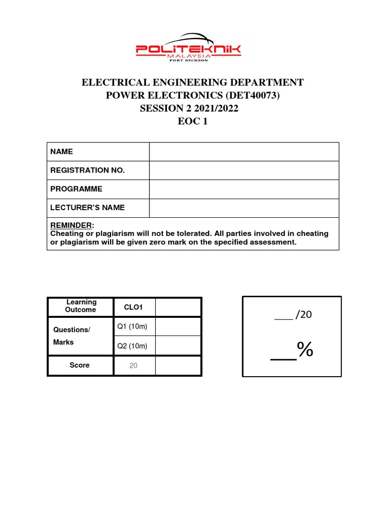 Power Electronics Exam 2021/2022 | PDF | Electrical Network | Power Electronics