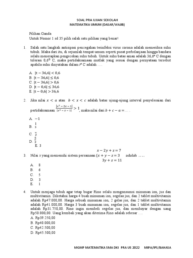 PAKET SOAL PRA US MATEMATIKA UMUM (WAJIB) TAHUN 2022 (Revisi) | PDF | Metode & Bahan Ajar ...