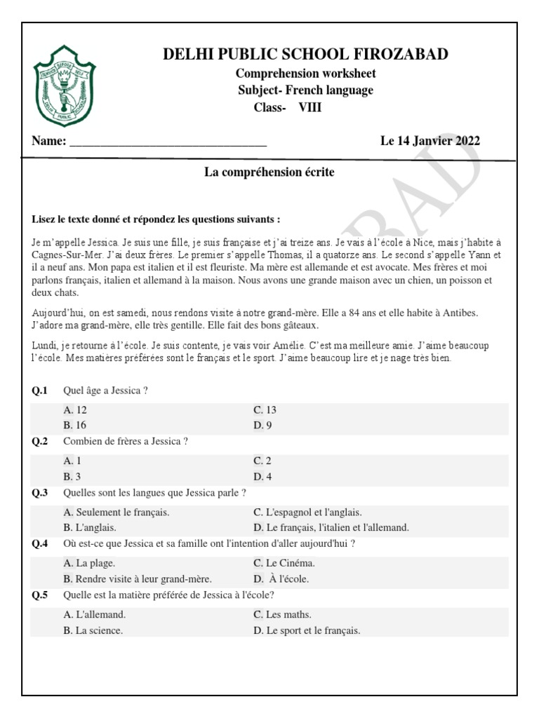 French Comprehension Worksheet for 8th Grade | PDF