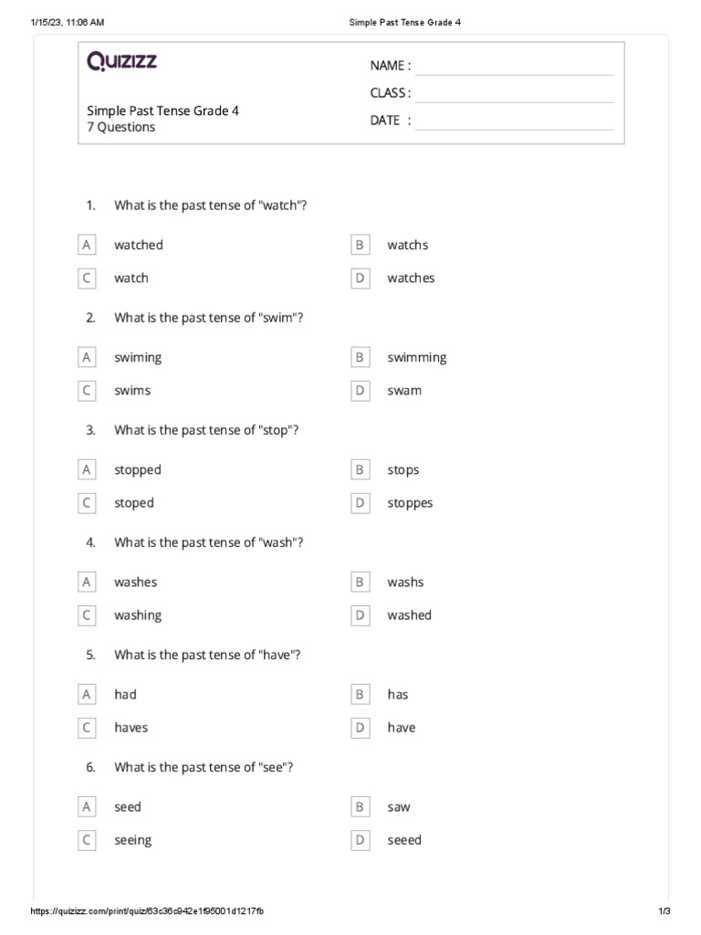 Grade 4 Simple Past Tense Quiz | PDF